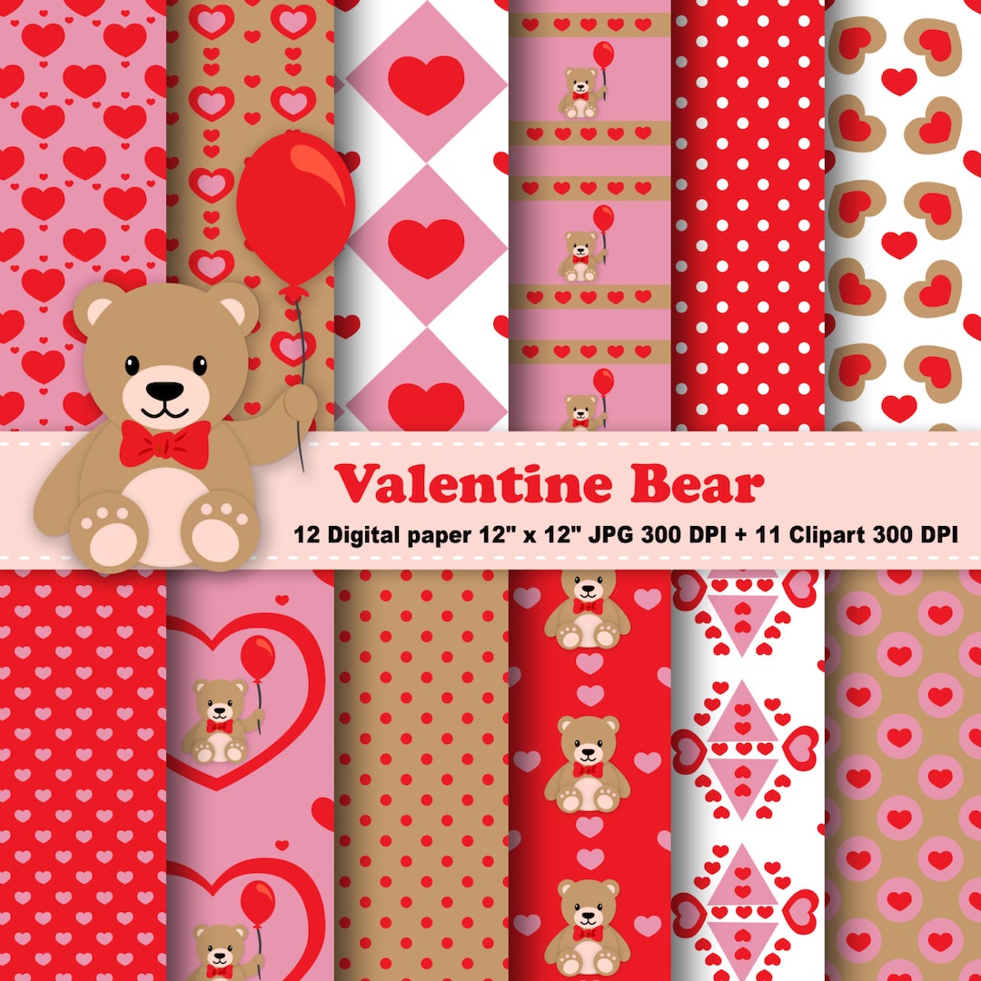 Valentine Bear Digital Paper, Bear Clipart, Teddy Bear, Love, Valentine ...