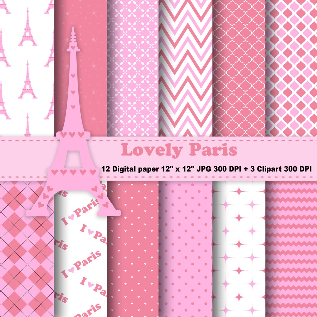 Paris Digital Paper, Paris Clipart, Hearts, Eiffel Tower , Chevron ...