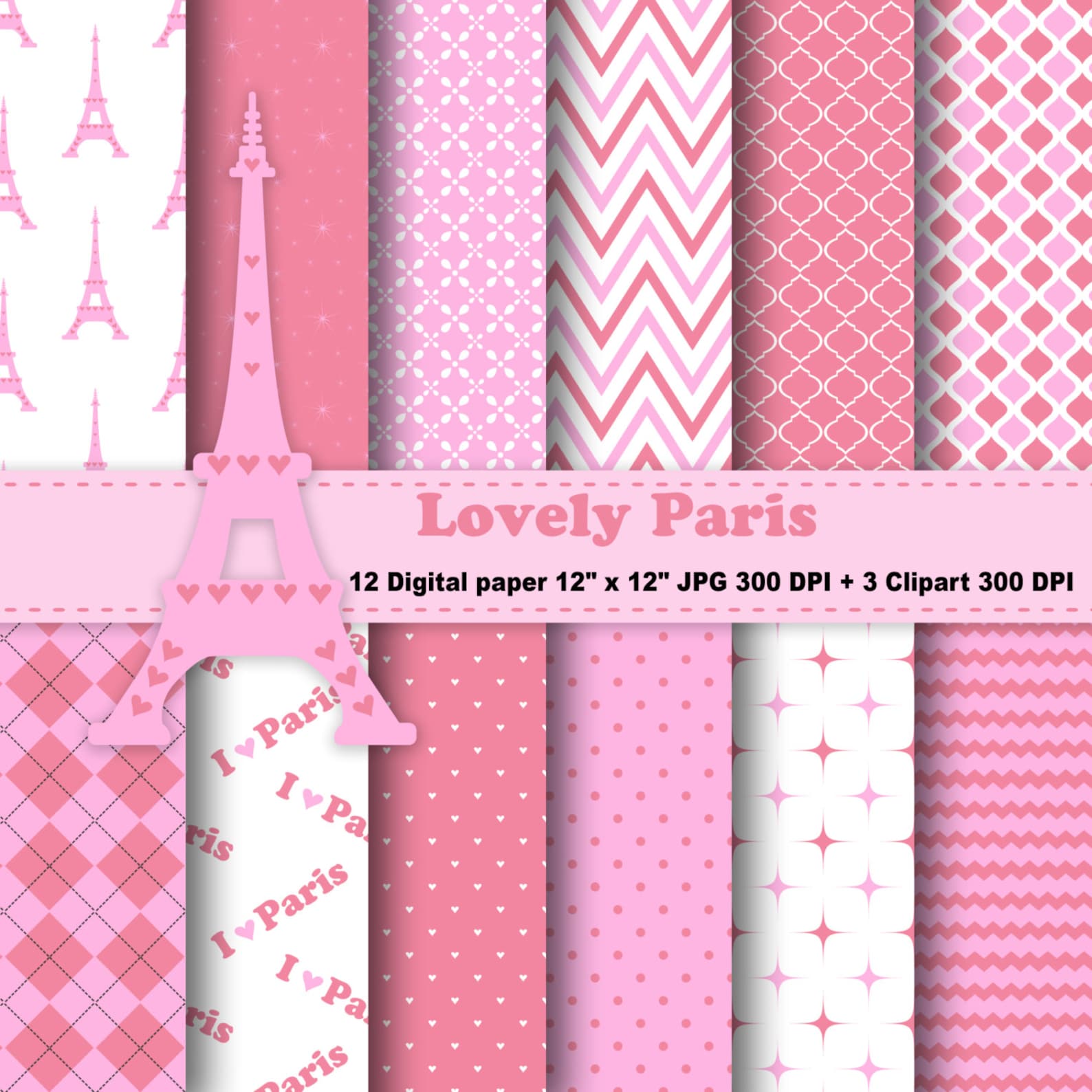 Paris Digital Paper Paris Clipart Hearts Eiffel Tower - Etsy