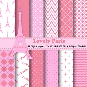 Paris Digital Paper, Paris Clipart, Hearts, Eiffel Tower , Chevron ...