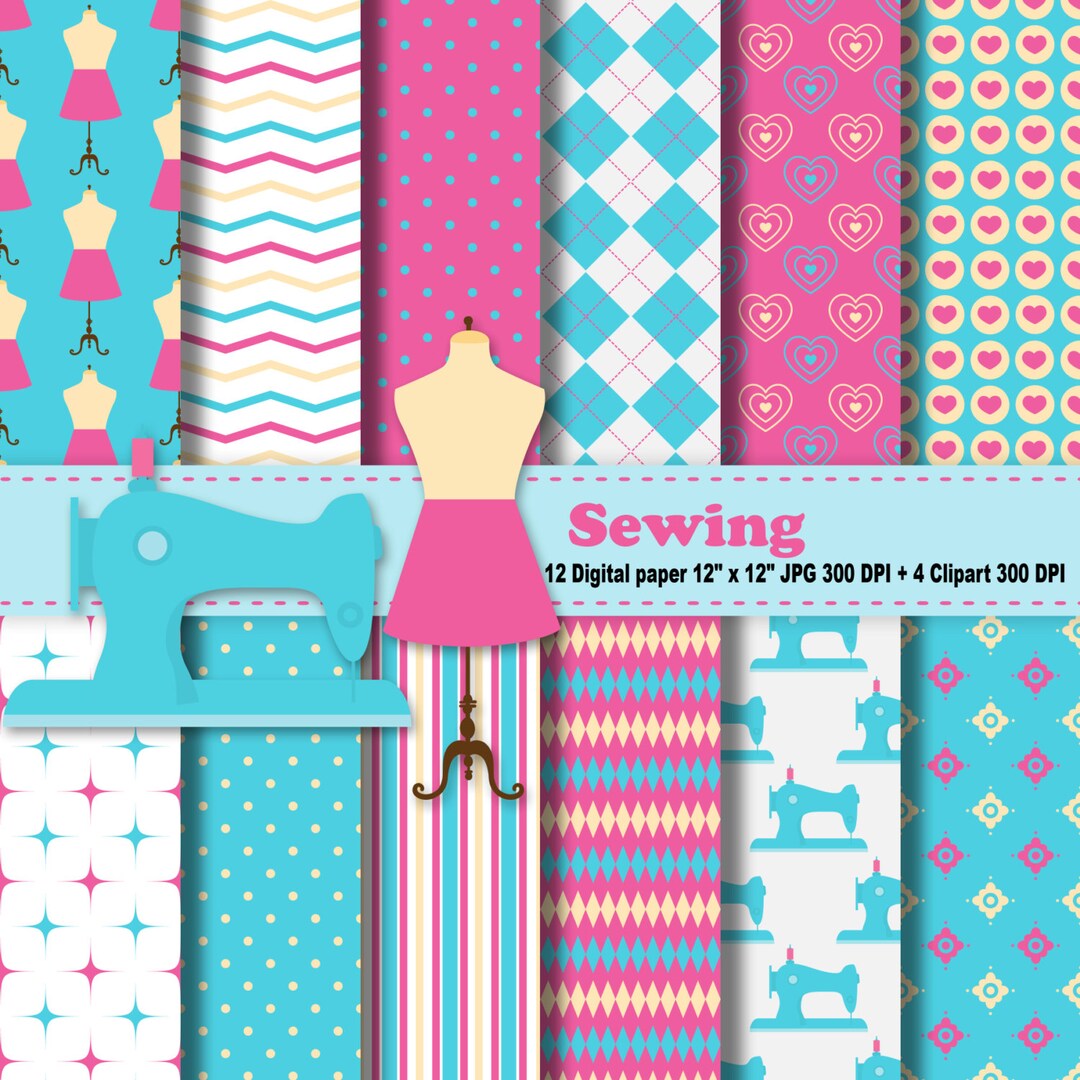 Sewing Digital Paper, Sewing Clipart, Sewing Machine, Pink and Light ...