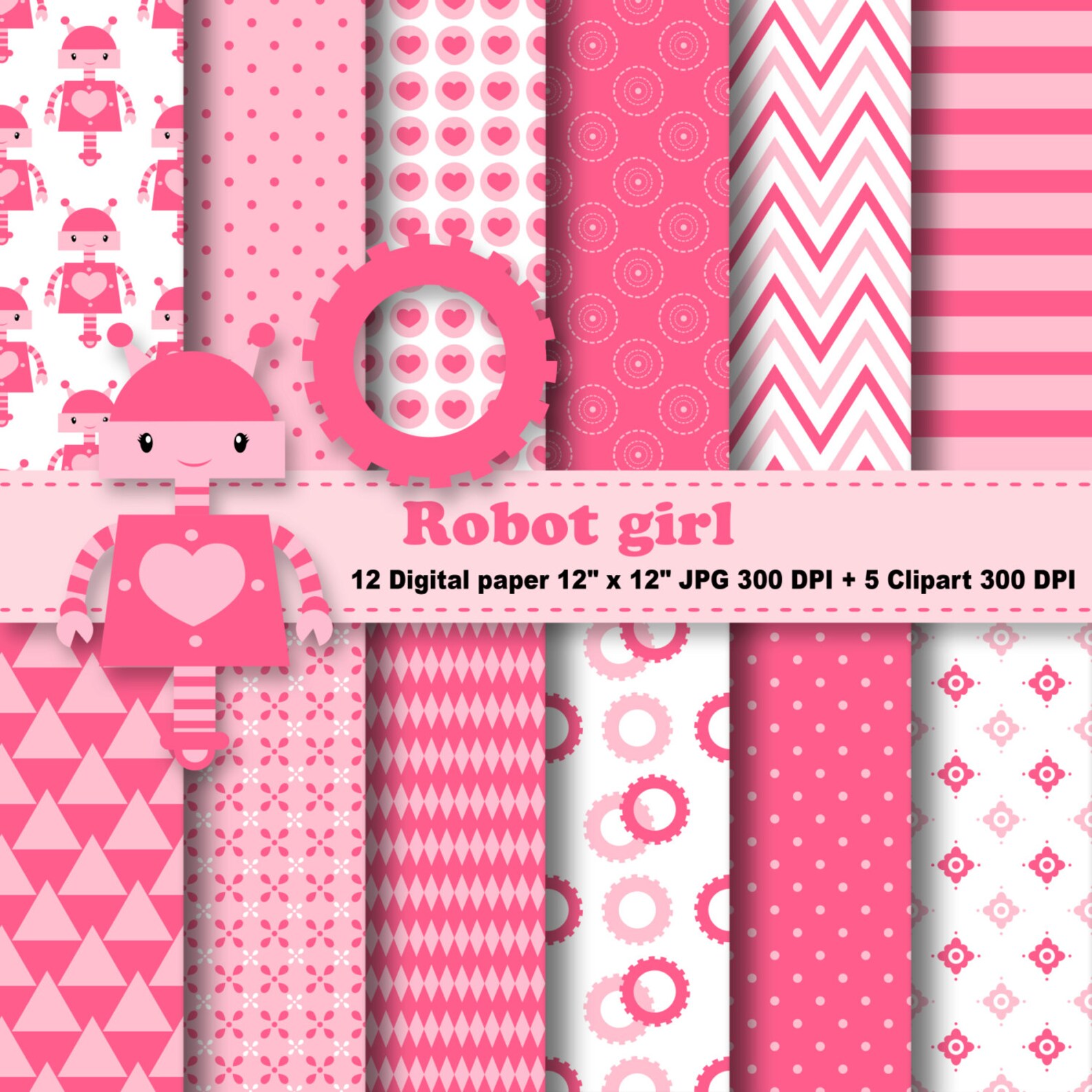 Robot Girl Digital Paper, Robot Clipart, Girls Clipart, Baby Girl ...