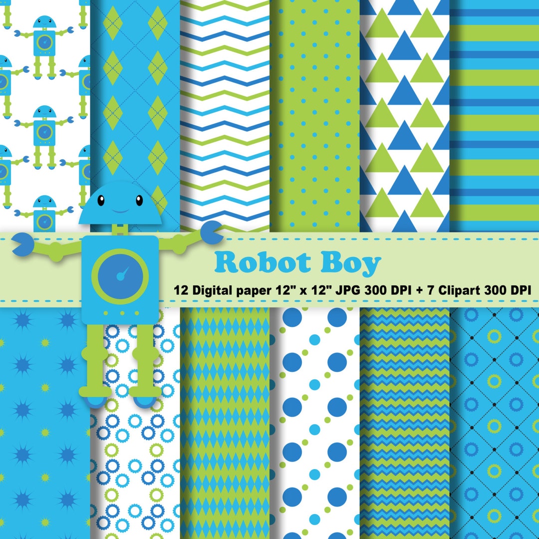 Robot Boy Digital Paper, Robot Digital Paper, Robot Clipart, Boys ...