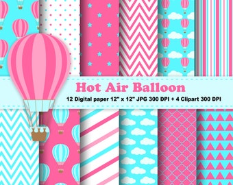 Hot Air Balloon Digital Paper Pink and Blue Hot Air Balloons - Etsy