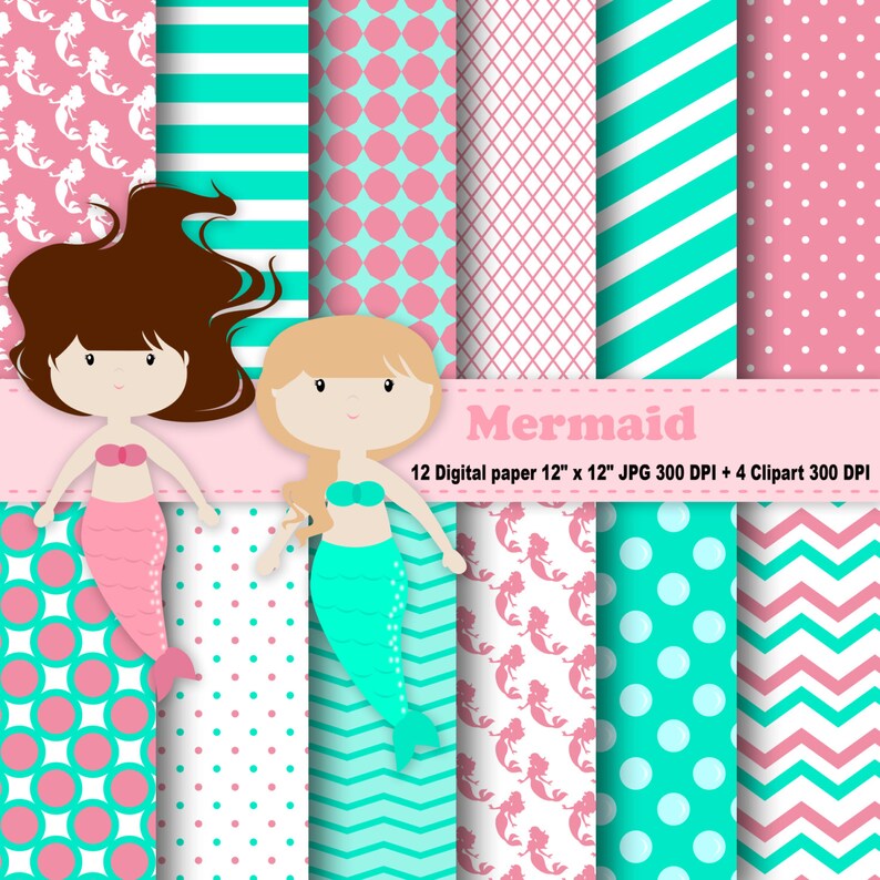 Mermaid Digital Paper, Mermaid Clipart, Bubbles, Sea, Polka Dot ...