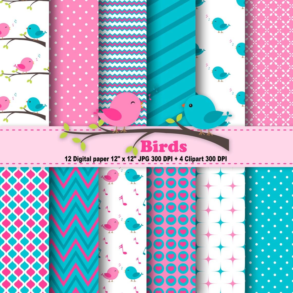 Birds Digital Paper Birds Clipart Branches Polka Dot - Etsy