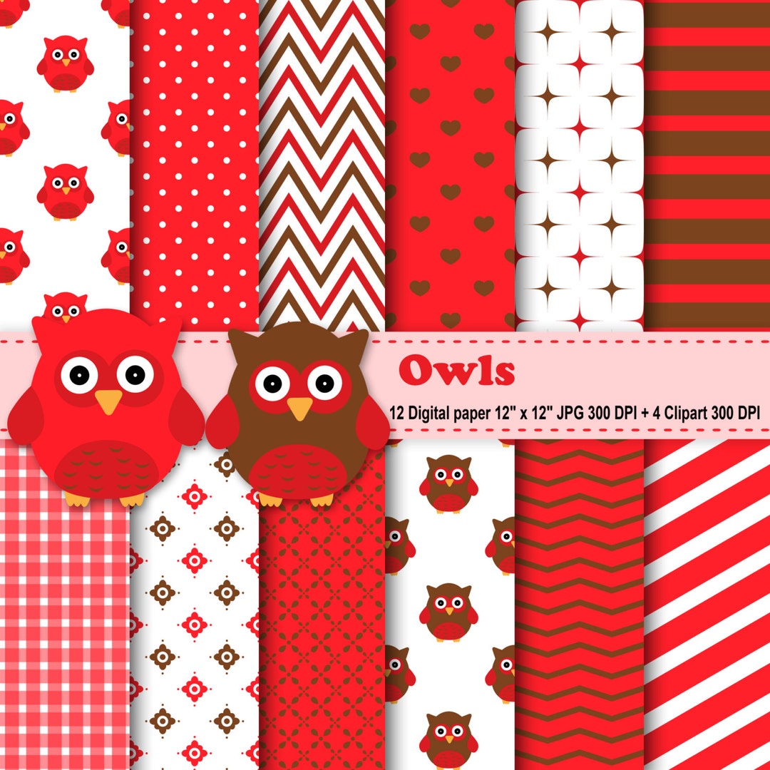 Owls Digital Paper, Owls Clipart, Owl Patterns, Owl Background, Red Owl ...