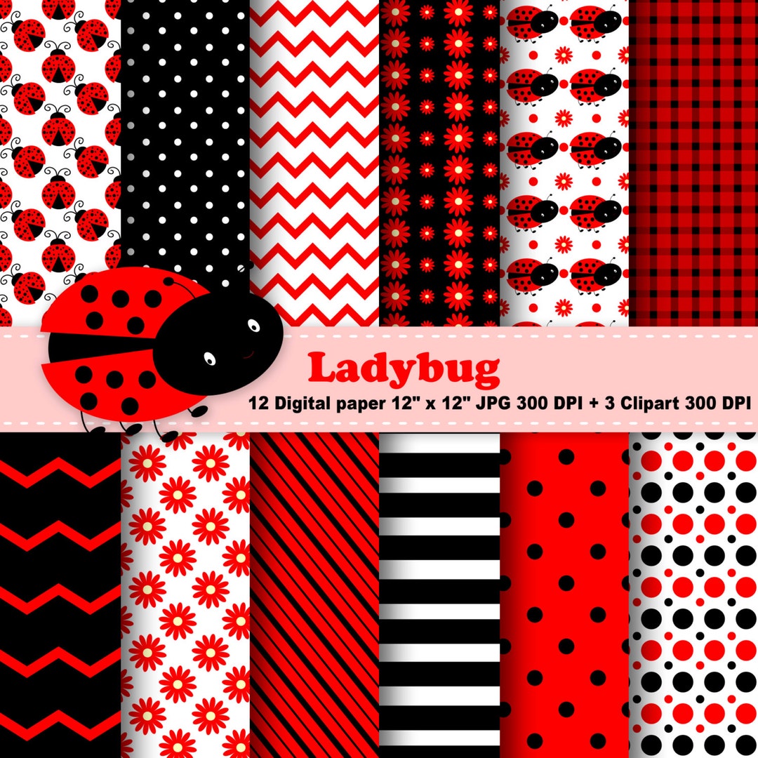 Ladybug Digital Paper, Ladybug Clipart, Flowers, Polka Dots, Chevron ...