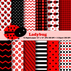 Ladybug Digital Paper, Ladybug Clipart, Flowers, Polka Dots, Chevron ...