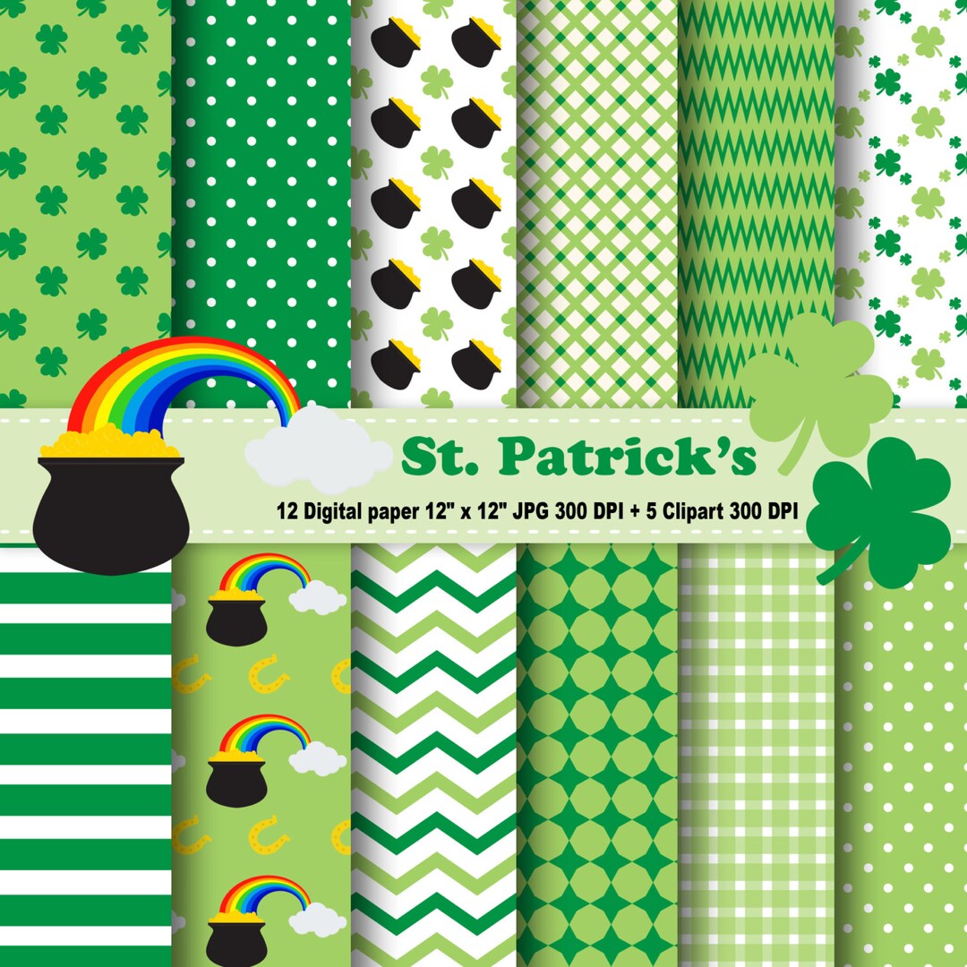St. Patrick's Digital Paper, St. Patrick's Clipart, Leaves, Coins, St ...