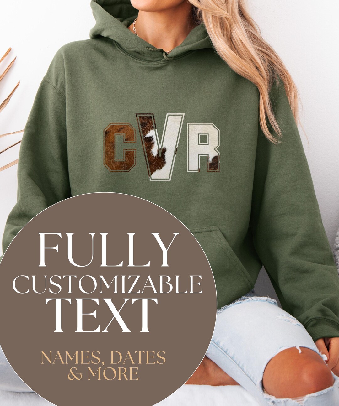 Cow Print Initial or Name Varsity Font Collegiate Hoodie Custom Farm ...