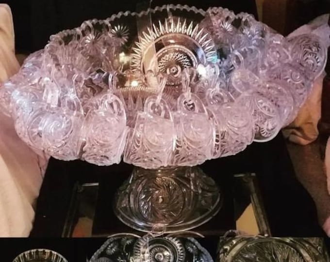 Vintage Mckee Aztec Clear Glass Punch Bowl Set 26cups Large Round Saw ...