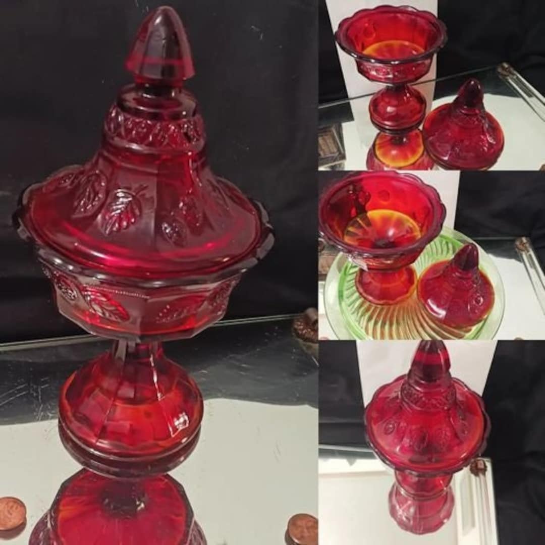 Tiara Strawberry Red Amberina Glass Pedestal Covered Dish, Indiana ...