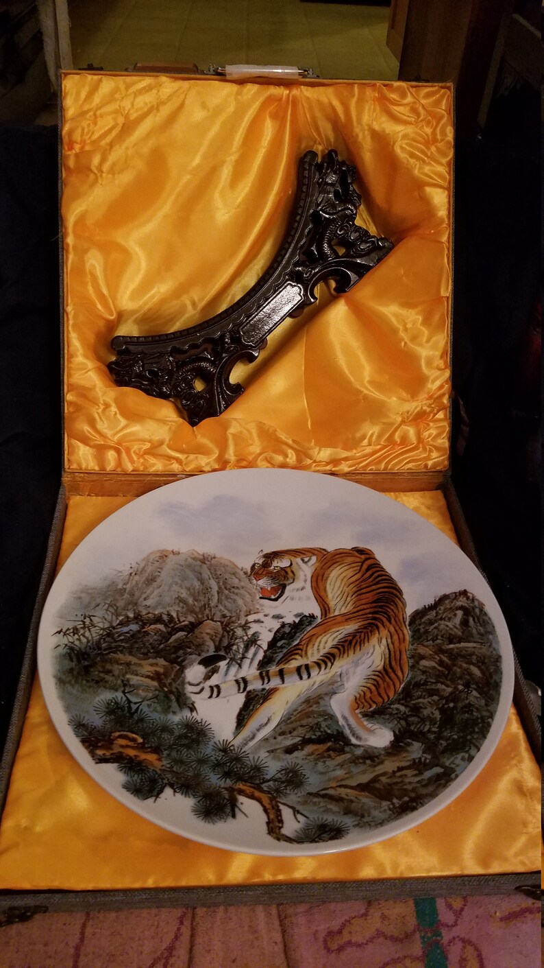 Vintage Japanese Large Bengal Tiger Plate W/ Carved Wooden | Etsy