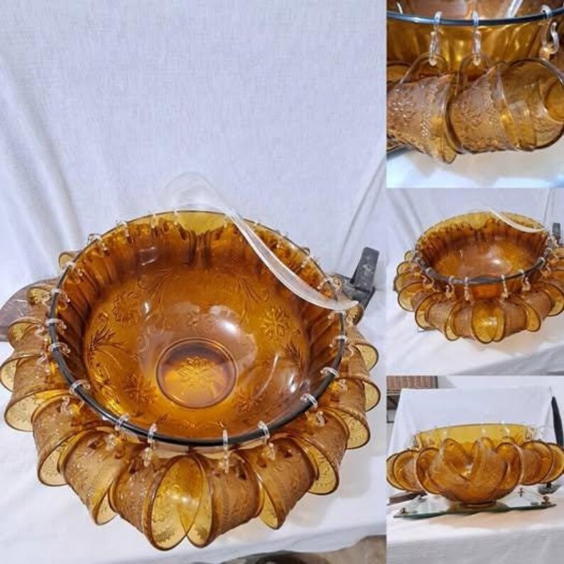 Tiara Indiana Glass Amber Glass Large Punch Bowl Sandwich Glass Floral ...