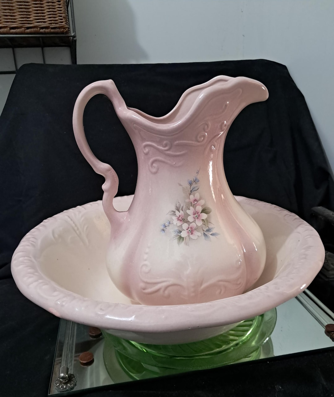 Pitcher and Wash Basin, Pink off White Pitcher Floral Center With Large ...