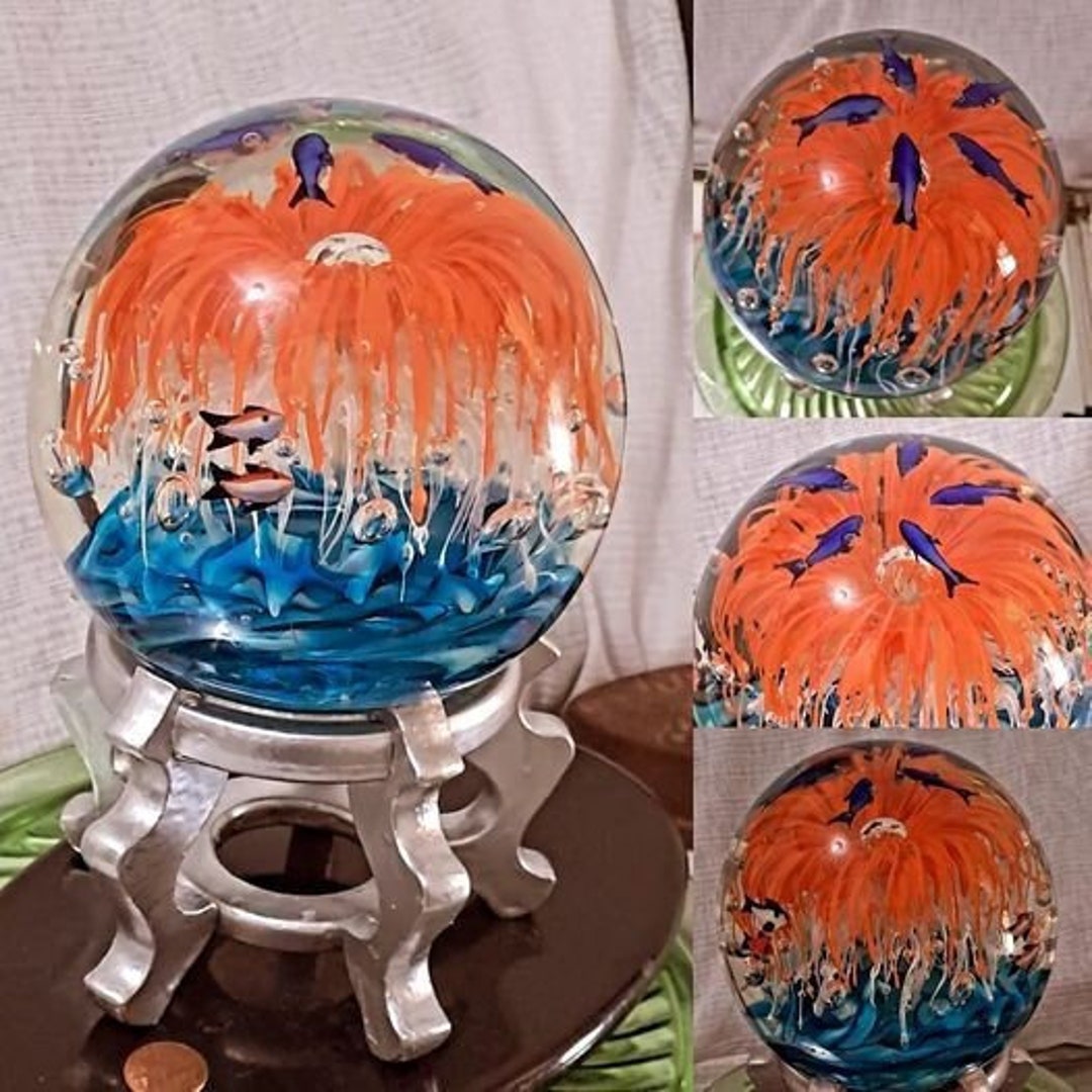 Orb Paperweight Round Large Ocean Inside Blue Waves, Bubbles, Bright ...