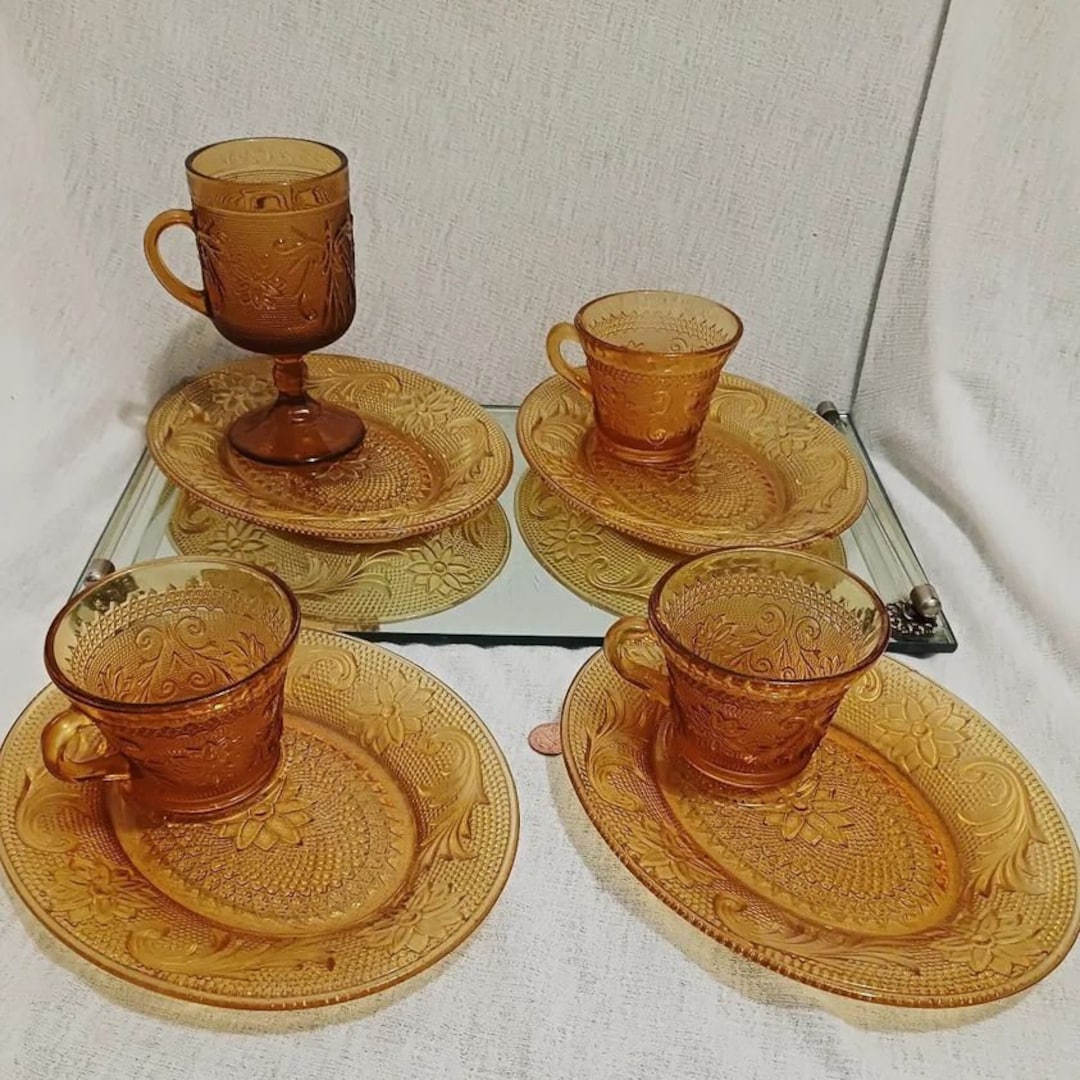 Vintage Tiara Amber Glass, 8pc Set, Serving Dishes, 4 Snack Plates, 4 ...
