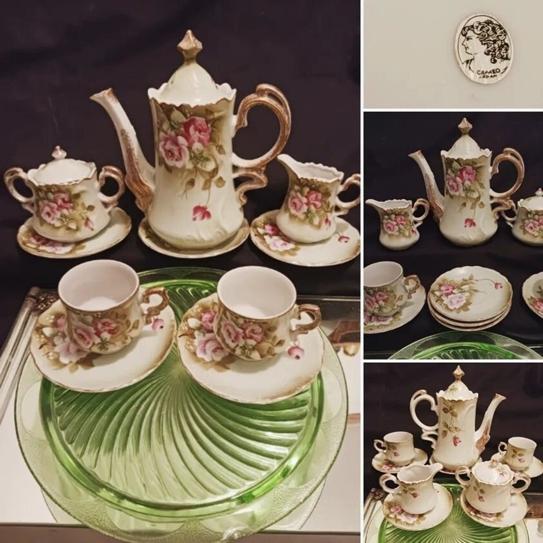 Vintage Green Tea Set W/ Pink Flowers & Victorian Design - Etsy