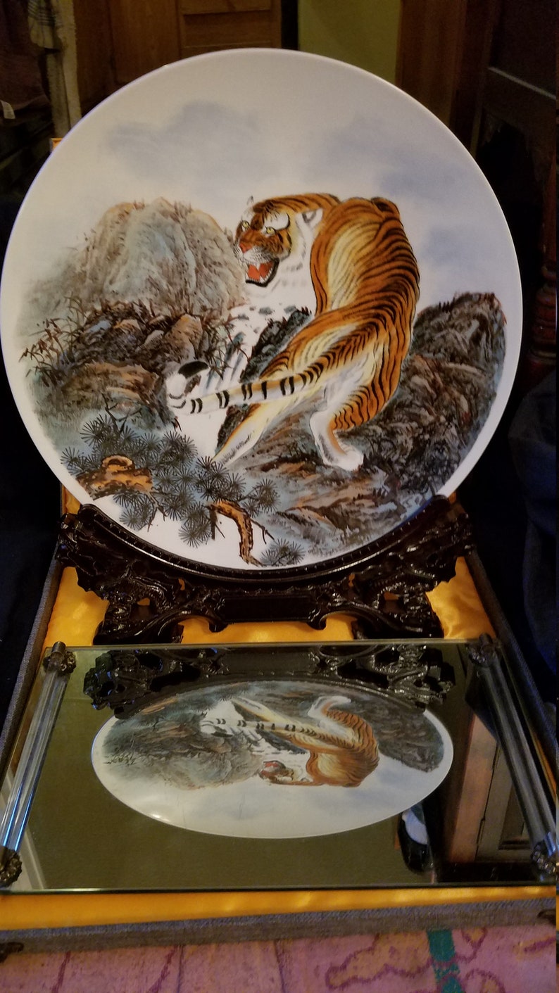 Vintage Japanese Large Bengal Tiger Plate W/ Carved Wooden | Etsy
