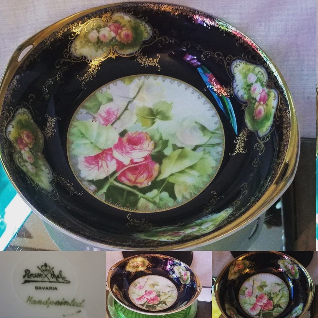 Rosenthal Bavaria Hand Painted Cobalt Blue Bowl, Pink & White Roses ...