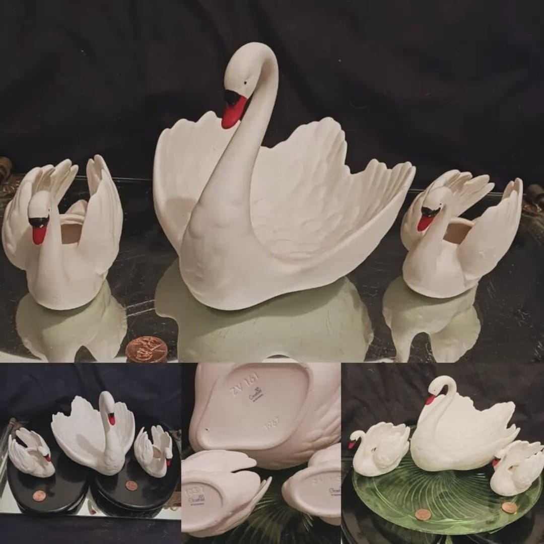Goebel Swans 3 Porcelain, 1967 White Detailed Swan Dishes, Red Beak W ...