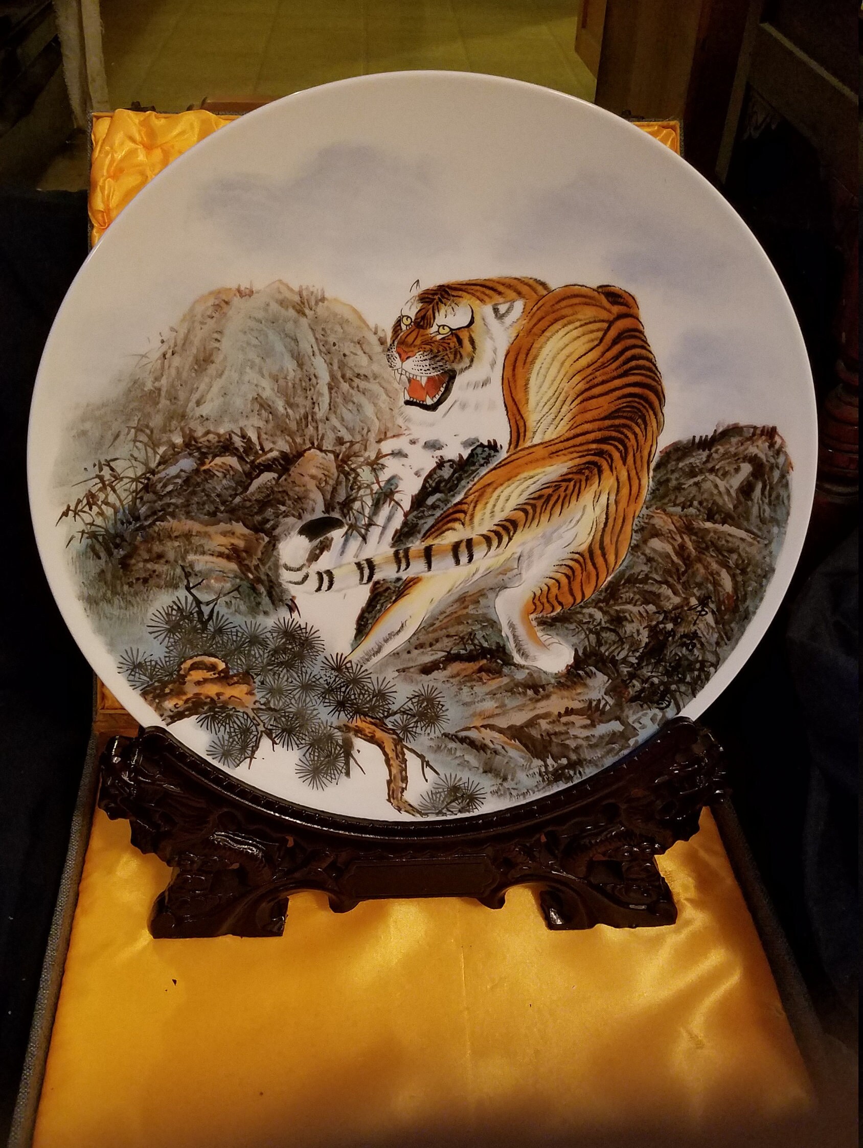 Vintage Japanese Large Bengal Tiger Plate W/ Carved Wooden | Etsy