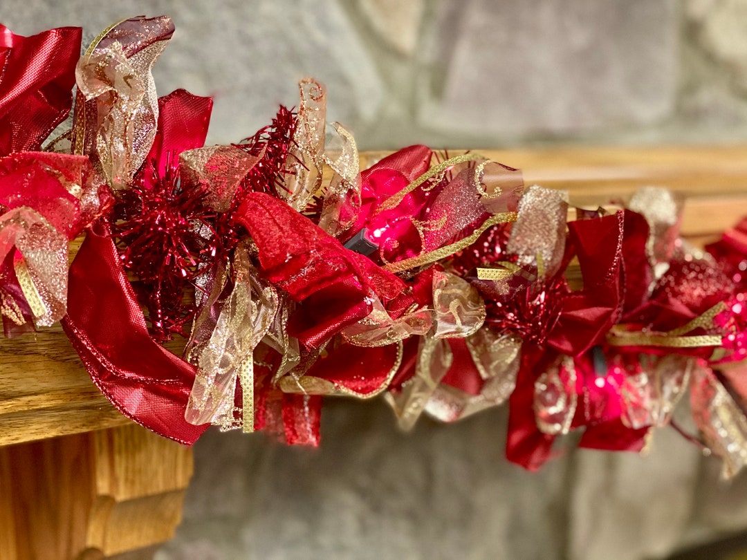 8ft Christmas Garland, Red Ribbon Garland, Red and Gold Garland ...