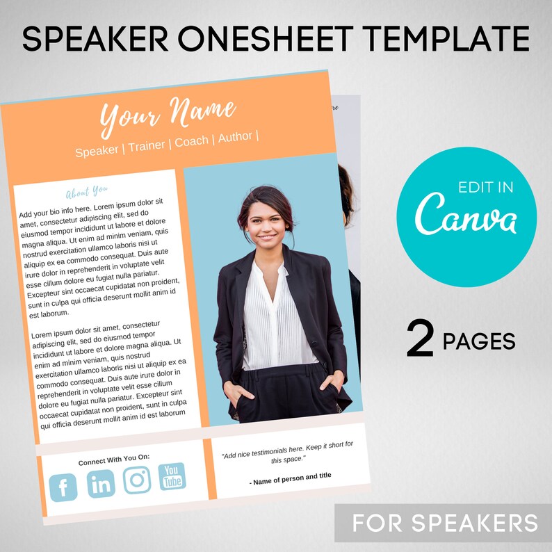 Speaker One Sheet, Speaker Onesheet, Onesheet Canva Template, Speaker ...
