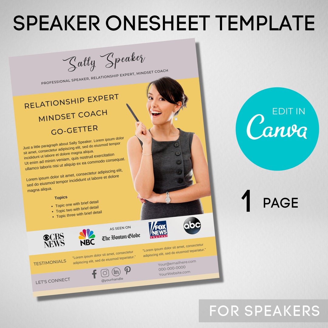 Speaker One Sheet Canva Template: Customizable Design (digital Download ...