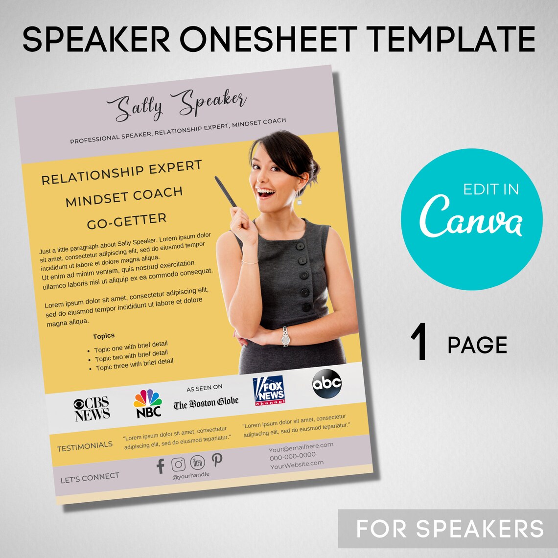 Onesheet Canva Template, Speaker One Sheet, Speaker Onesheet, Speaker Sheet Template, Speaker ...