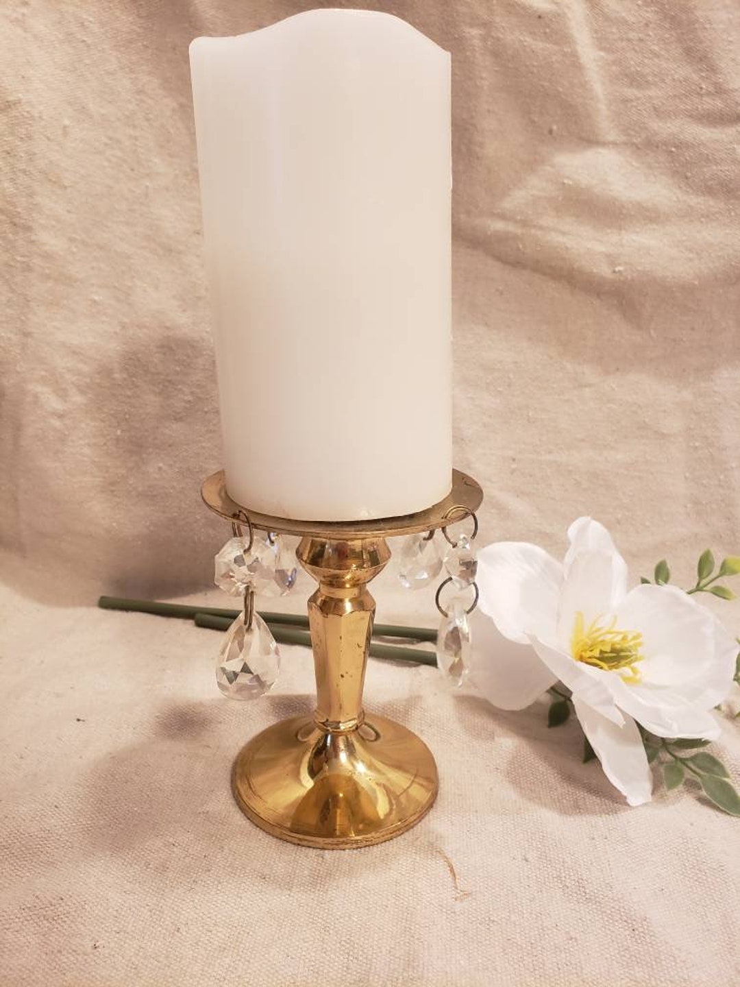 Polished Brass Pedestal or Faux Crystal Dangles Pedestal Candle Holder ...