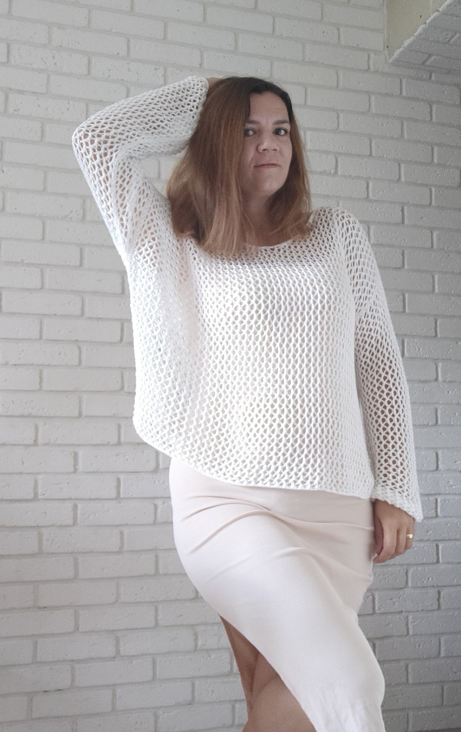 White Sweater in Boho Style,white Wide Sweater,holey Sweater,handmade ...