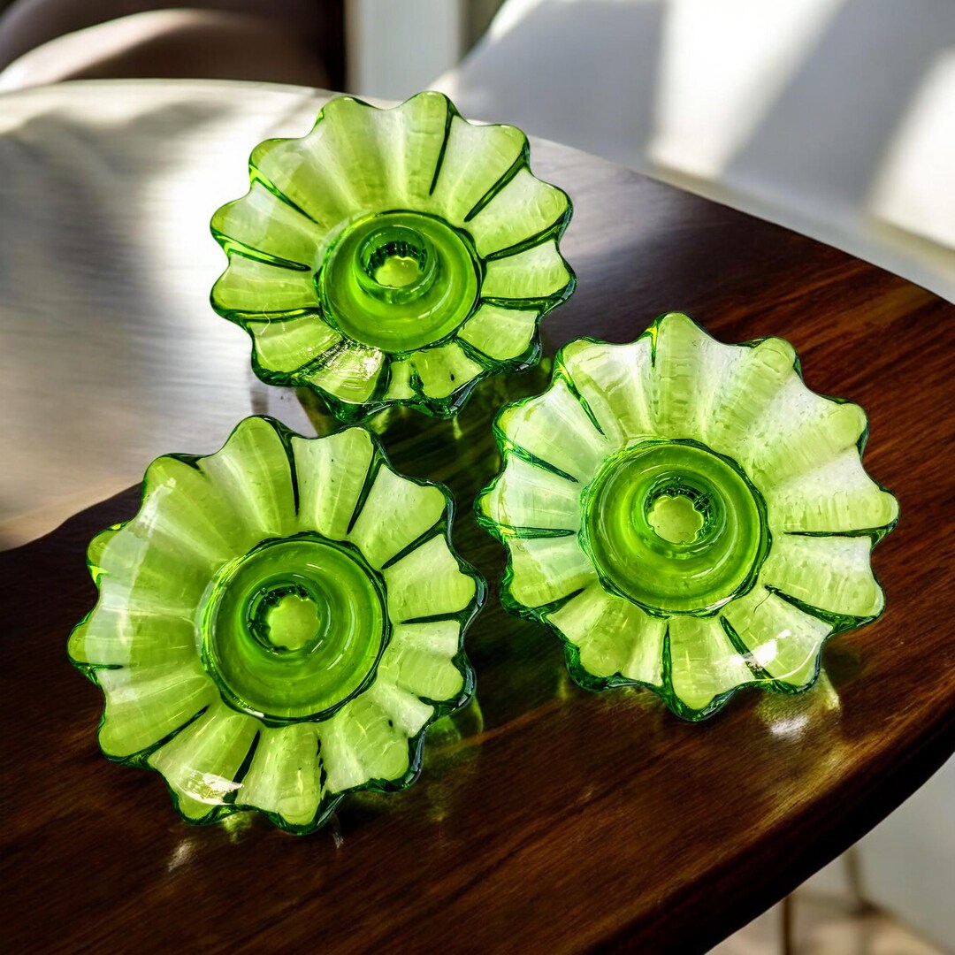 Federal Glass Green Taper Candle Holders ~ Celestial Limelight - Etsy