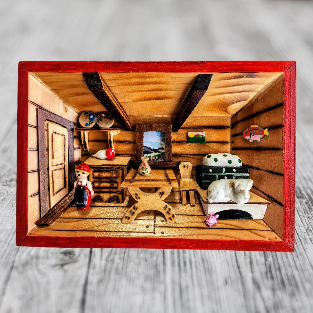 Folk Art Cabin Shadow Box~ 3D Wooden Picture ~ Vintage Dollhouse ...