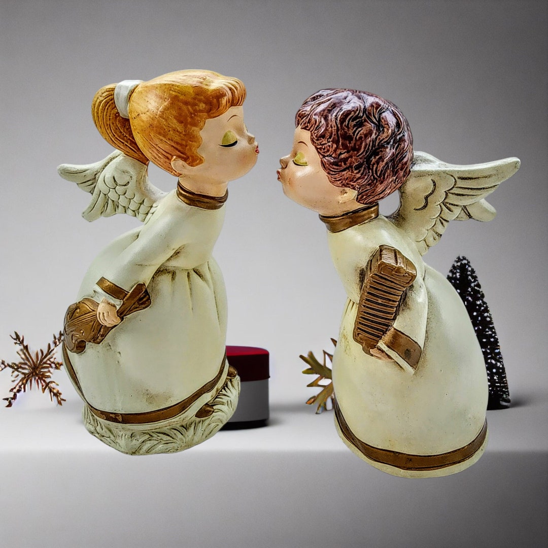 Large 9" Kissing Angel Figurines ~ Set of 2 Cherubs ~ Vintage Christmas ...