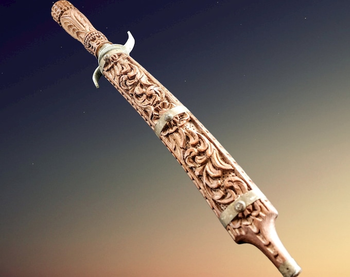 Imperial Thai Dha Sword With Detailed Floral Teak Wood Carved Scabbard ...