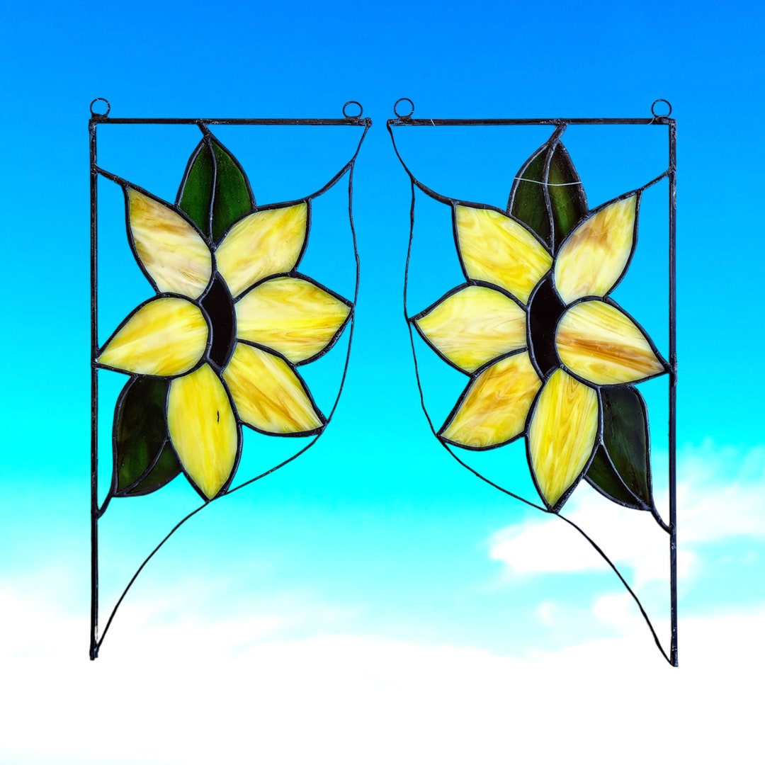 Sunflower Stained Glass Window Sun Catcher Corner Glass Panel Set Of Two Etsy