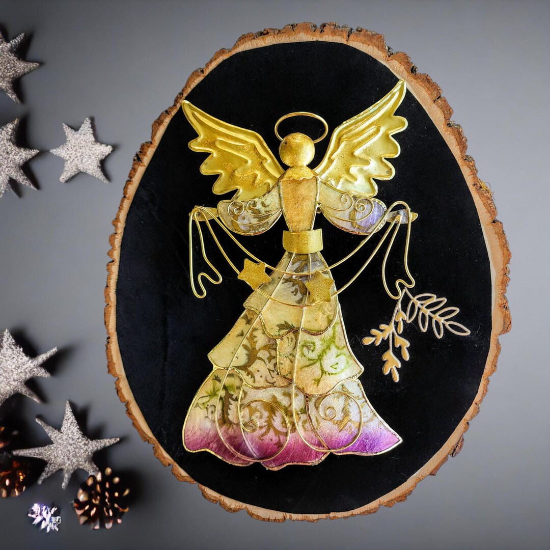 Metal Angel Playing Musical Instrument on 13" Cut Wood Slice - Etsy
