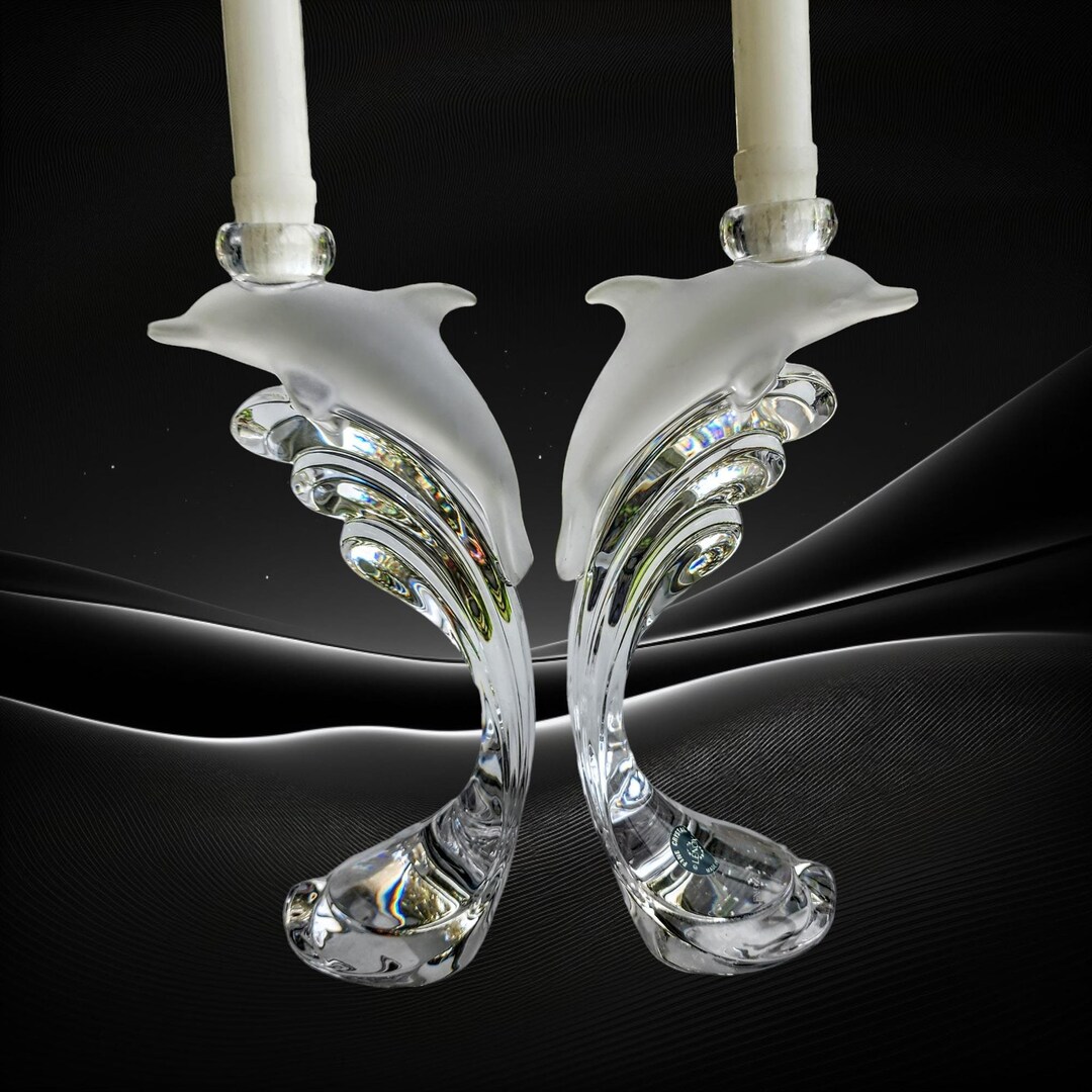 Dolphin on Wave Frosted and Clear Crystal Candlestick Holders by Lenox ...