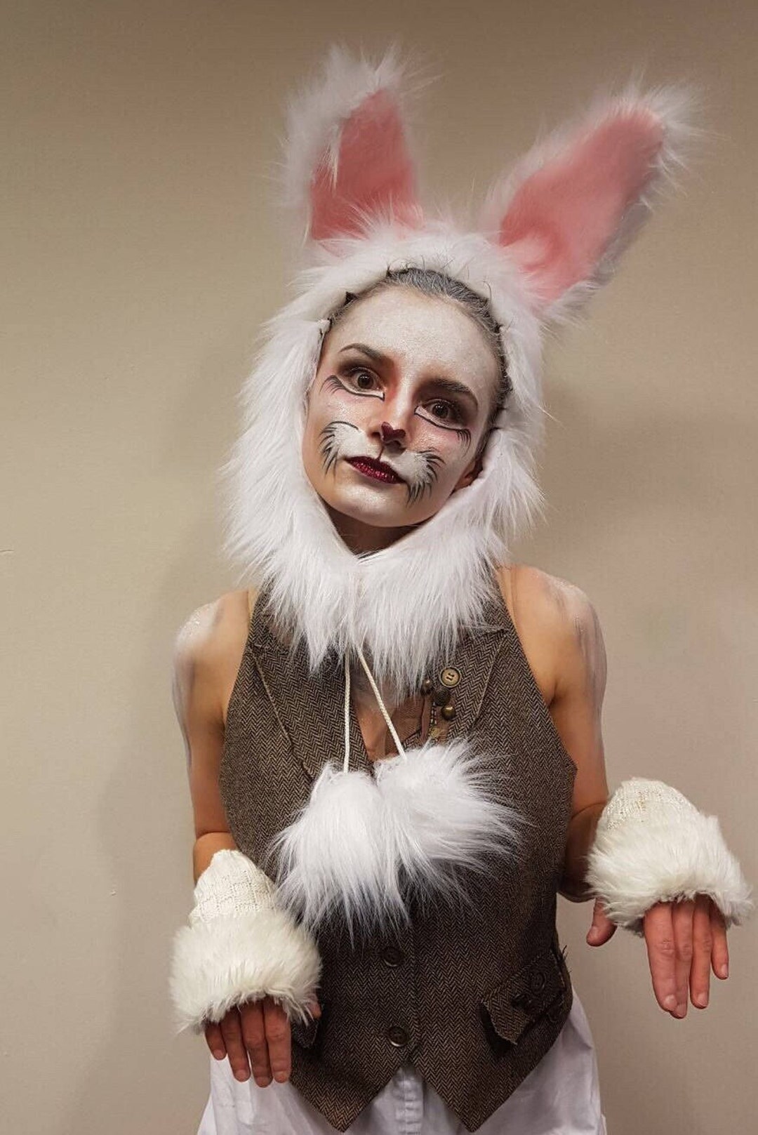 White Rabbit Costume, Bunny Hood, Faux Fur Ears, Fluffy Animal Hat - Etsy