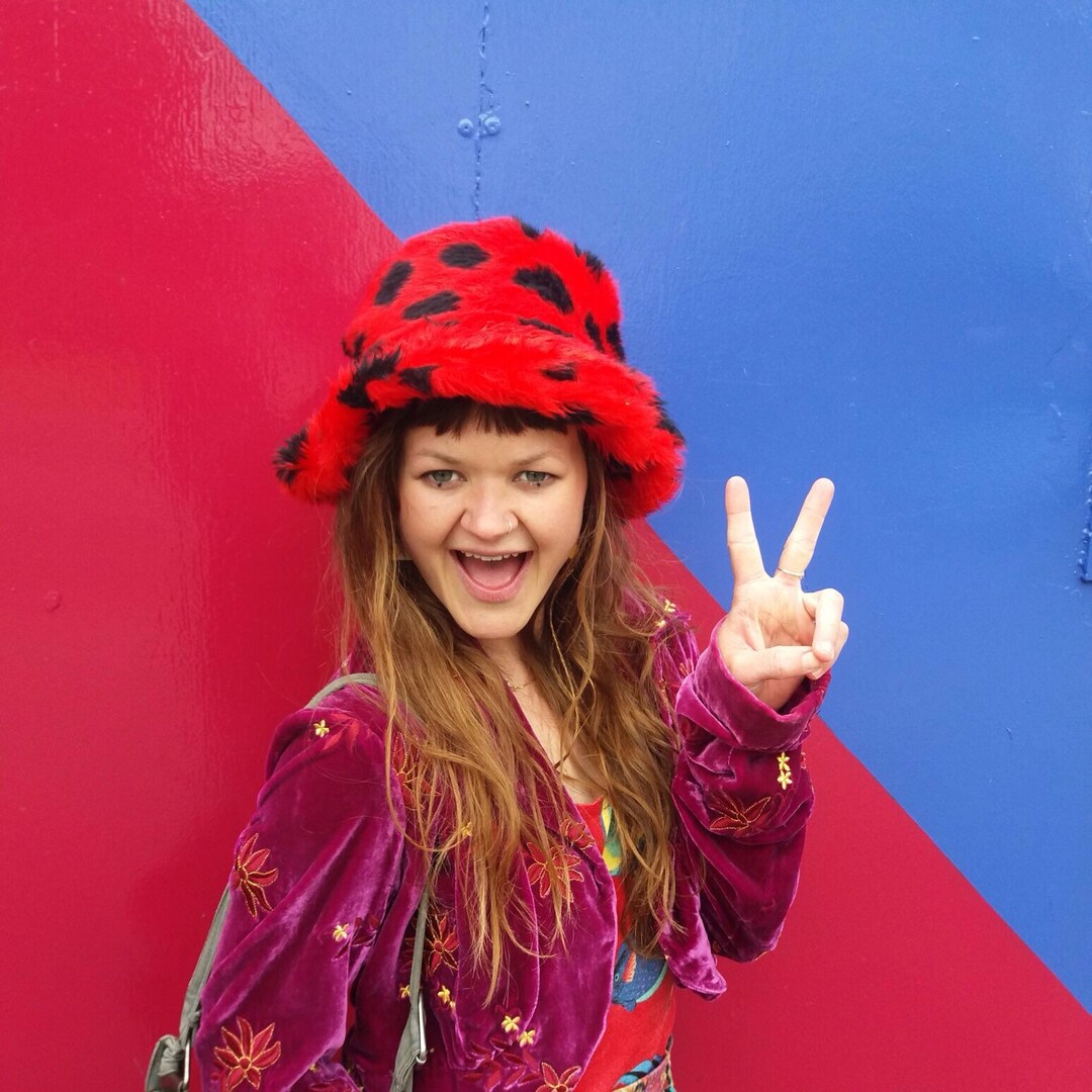 Fluffy Spotty Hat, Ladybird Festival Bucket-hat, Red and Black Faux Fur ...