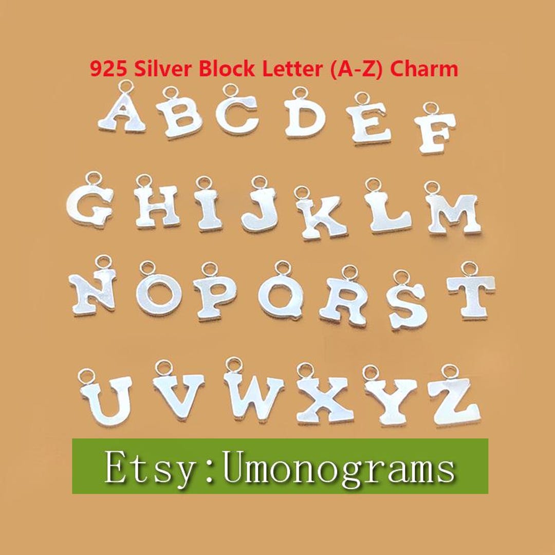 925 Sterling Silver Block Letter (A-Z) Charm 0.5mm Thick 26 Letter ...