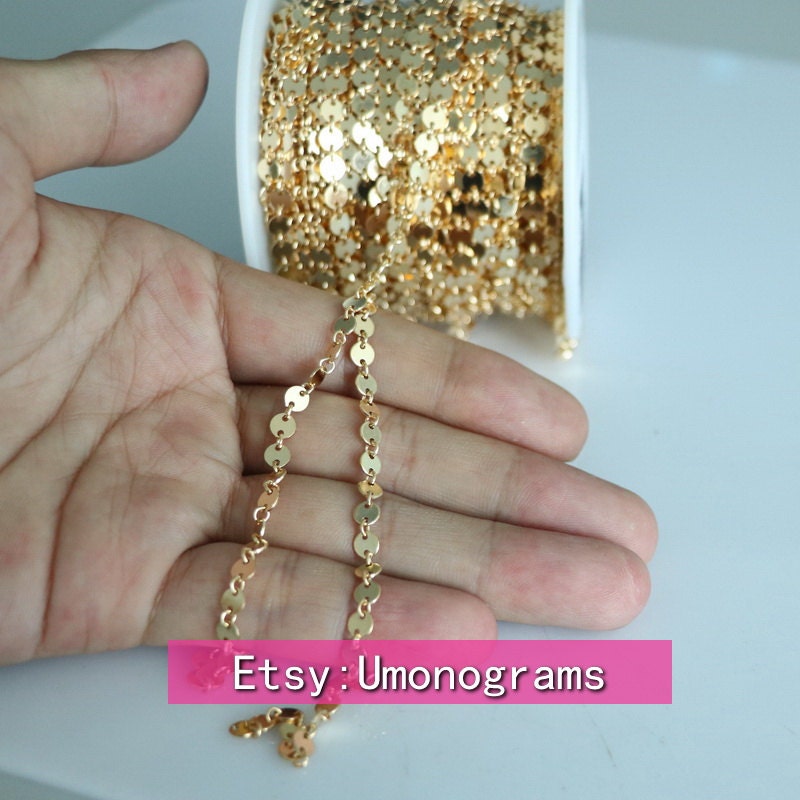 14K Gold Filled 4mm Plain Flat Sequin Disc Chain Bright Footage ...