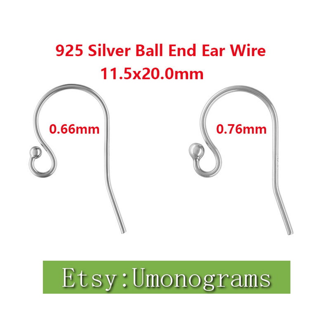 925 Sterling Silver Ball End Ear Wire 11.5x20.0mm (0.66/0.76mm) Loop ...
