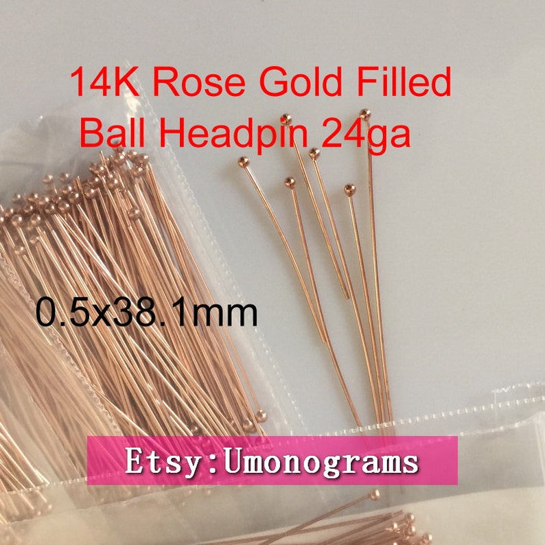 14K Rose Gold Filled Ball Headpin 24 Gauge 0.5mm Wire Length 1/1.5/2 ...