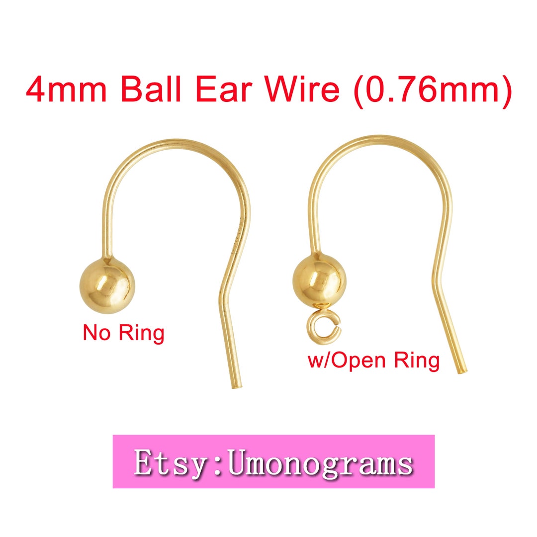 14K Yellow Gold Filled 4mm Ball Ear Wire (0.76mm) Earring Components ...