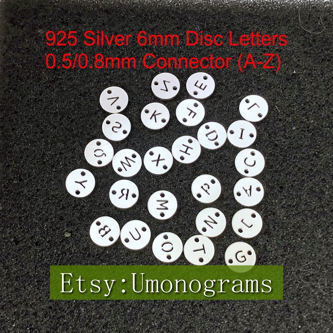 925 Sterling Silver 6mm Round Disc Letters Connector (A-Z) W/2holes 0.5 ...
