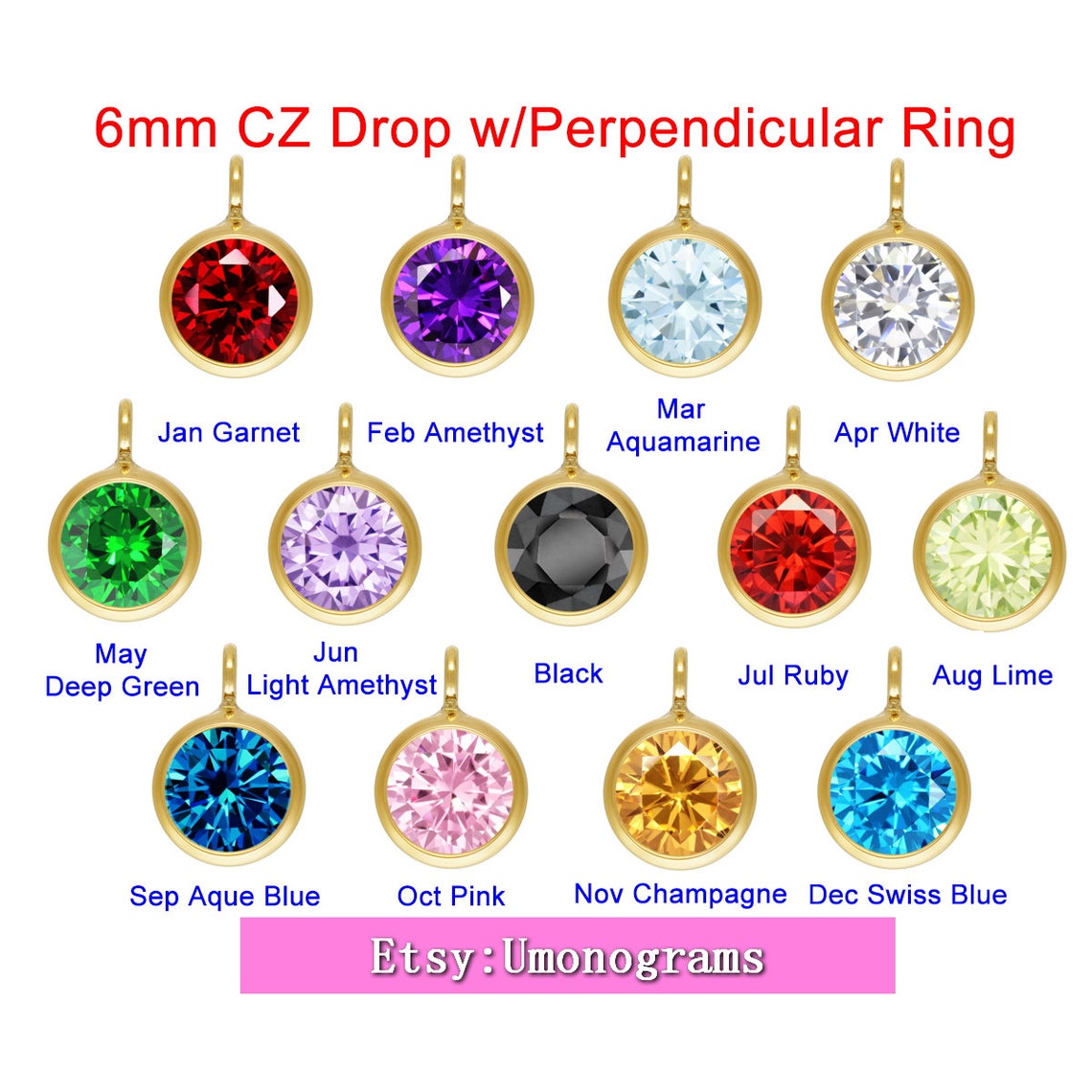 6mm 3A CZ Bezel Drop Birthstone W/perpendicular Ring 14K Yellow Gold ...