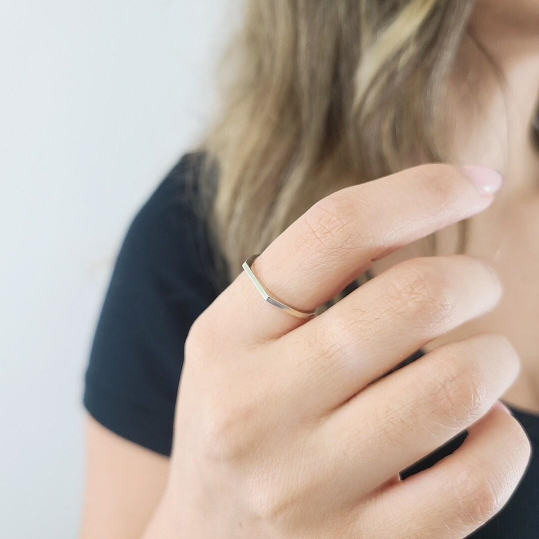 14k Solid Gold Flat Top Ring, White Gold Bar Ring, Minimalist Stackable Ring, Dainty, Delicate ...